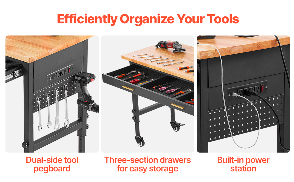 VEVOR 60" Workbench on Wheels Adjustable Height Table with Power Outlet ...
