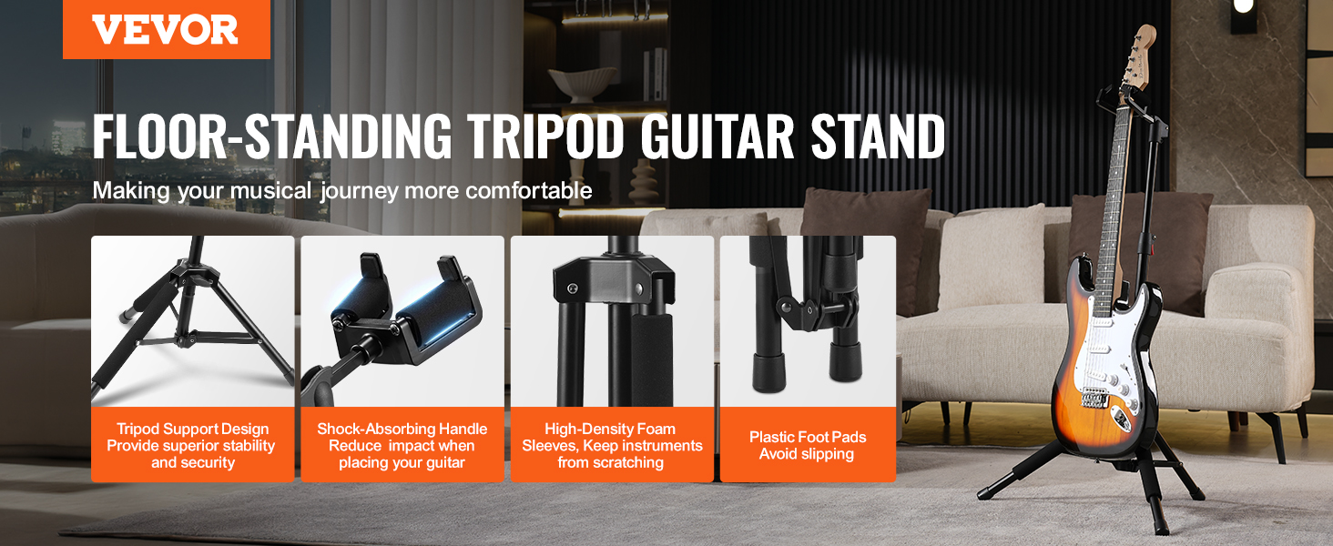 VEVOR Tripod Guitar Stand Floor-Standing Foldable 35.4-47.2 in ...