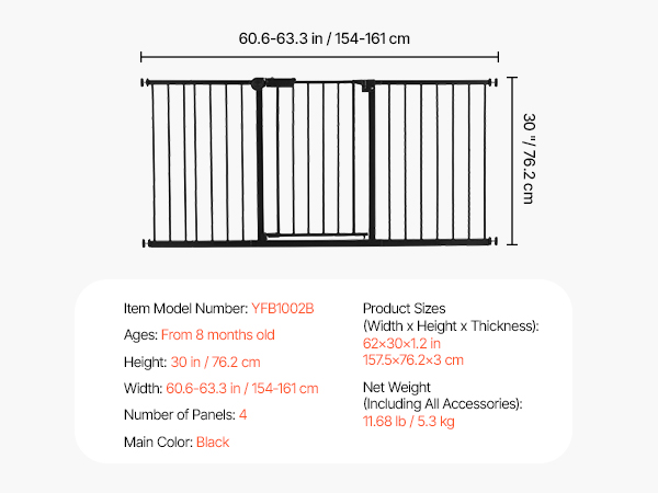 VEVOR Baby Gate 60.6-63.3 Inches Adjustable Width 30 Inches High Dog ...