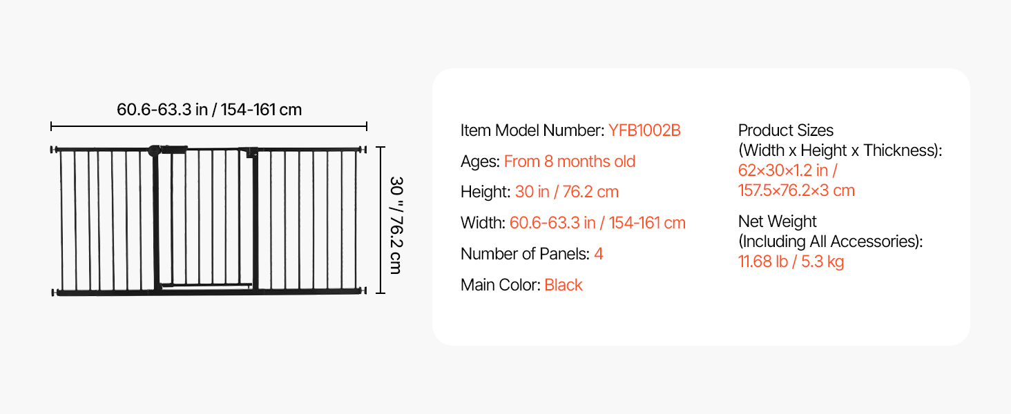 VEVOR Baby Gate 60.6-63.3 Inches Adjustable Width 30 Inches High Dog ...