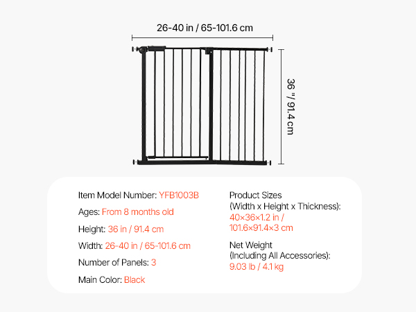 Baby Gate 26-40 Inches Adjustable Width 36 Inches High Dog Gate Black ...