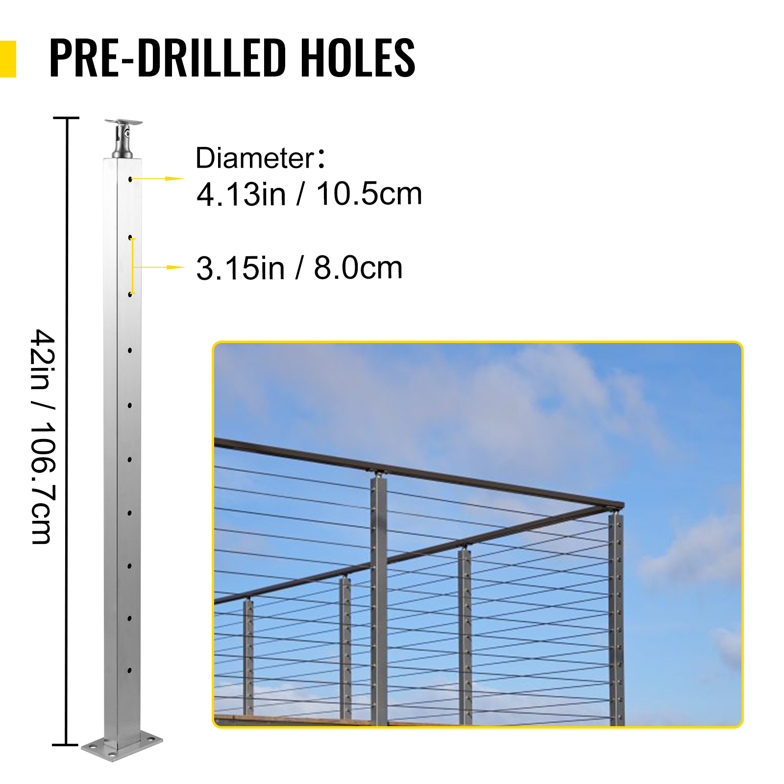 VEVOR Cable Railing Post Level Deck Stair Post 42 x 1.97 x 1.97" Cable ...