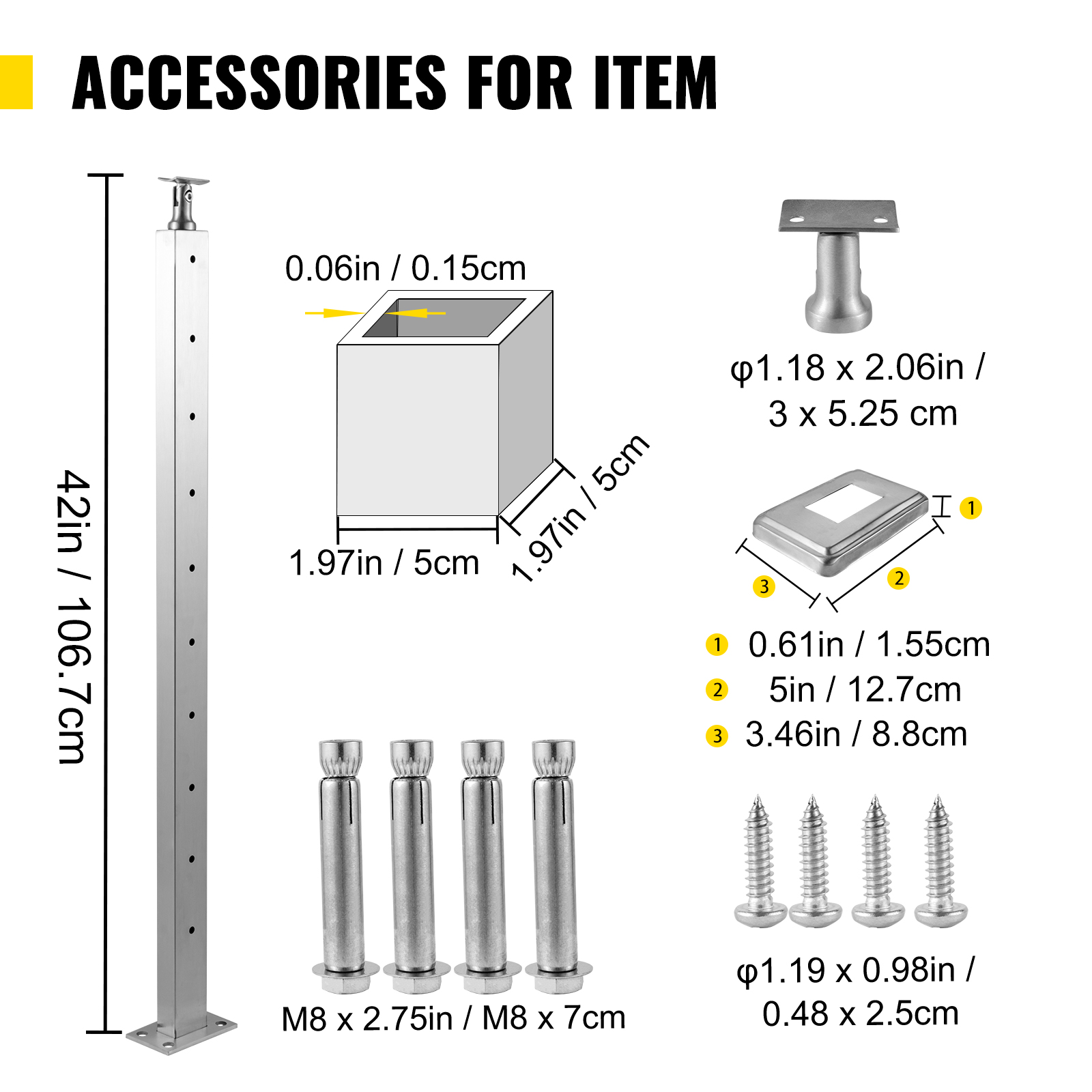 VEVOR Cable Railing Post Level Deck Stair Post 42 x 1.97 x 1.97" Cable ...