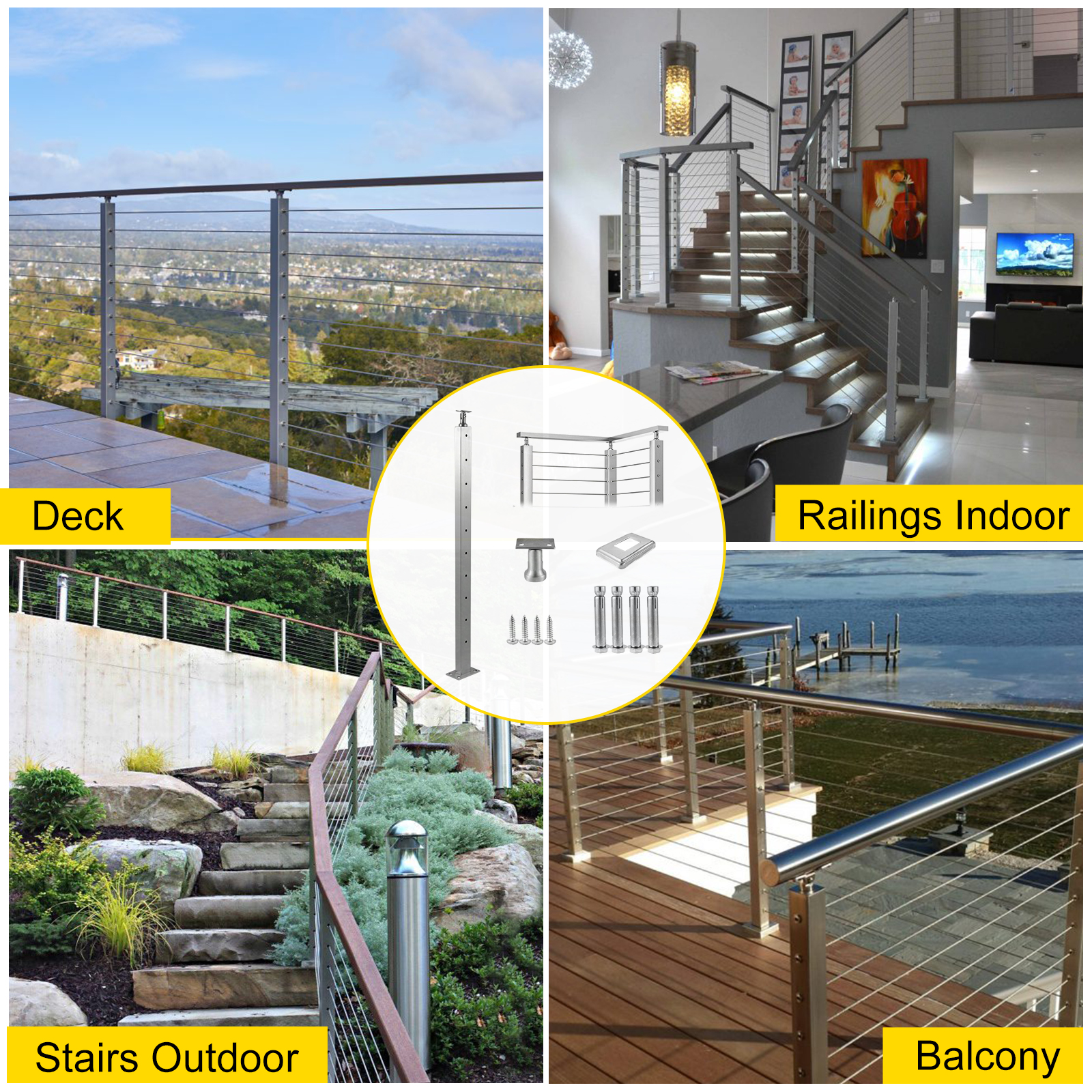 VEVOR Cable Railing Post Level Deck Stair Post 42 x 1.97 x 1.97" Cable ...