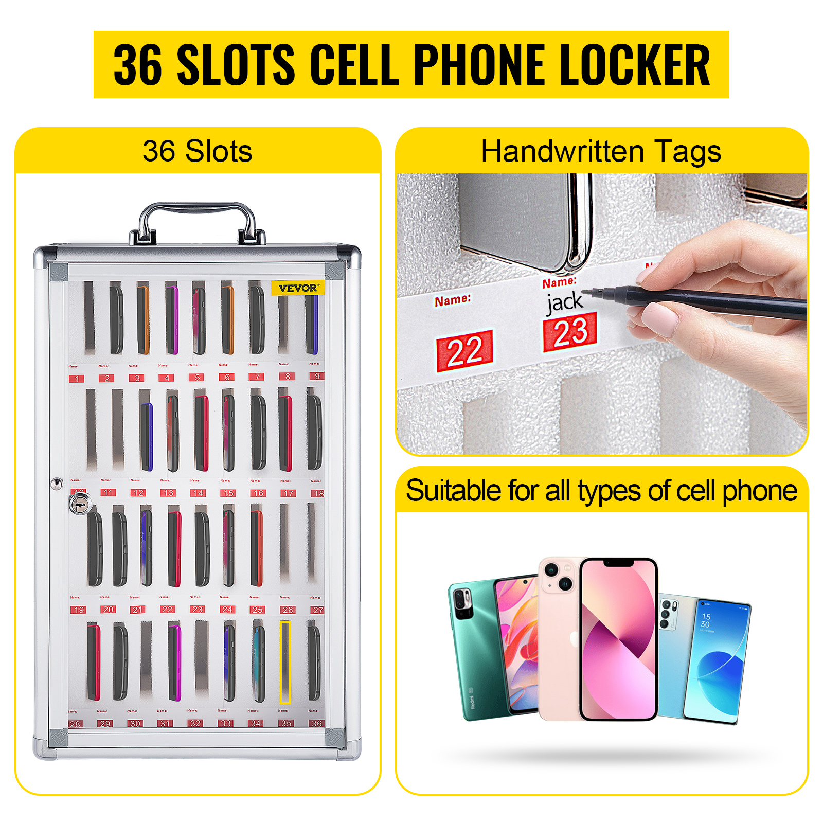 VEVOR 36 Slots Cell Phone Cabinet Silver Aluminum Alloy Pocket Chart ...