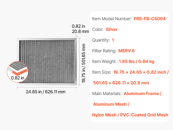 20x25x1 Aluminum Electrostatic Air Filter MERV 8 Actual 19.75x24.65x0 ...