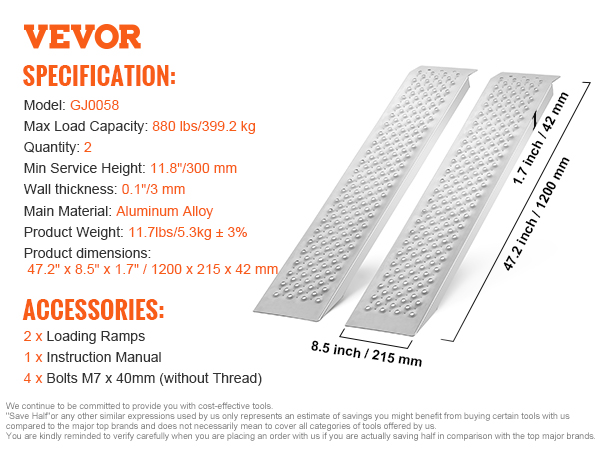 VEVOR 47.2" x 8.5" Aluminum Ramps 880 LBS Capacity Loading Ramps 2PCS ...