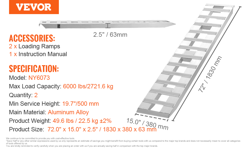VEVOR 72" x 15" Aluminum Ramps 6000 LBS Capacity Loading Ramps 2PCS ...