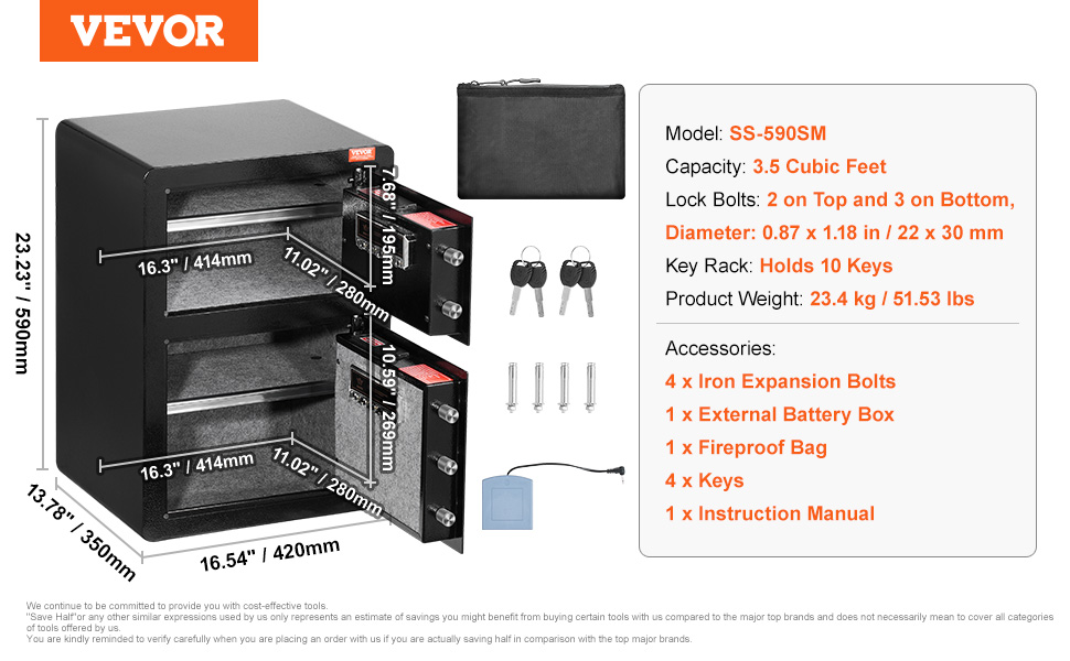 VEVOR Double Door 3.5 cu.ft Safe Box with Key Lock Password Fireproof ...