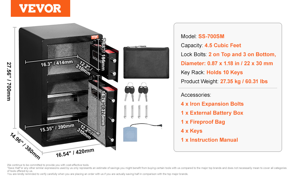 VEVOR Double Door 4.5 cu.ft Safe Box with Key Lock Password Fireproof ...