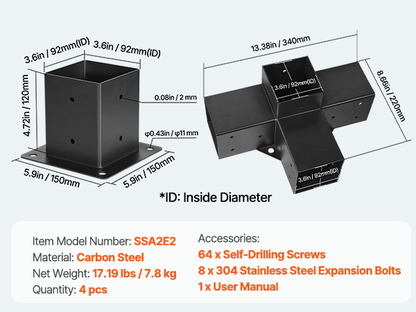 VEVOR Pergola Bracket Kit 4''x4'', Inner Size 3.6"x3.6 4pcs 4-Way Heavy ...