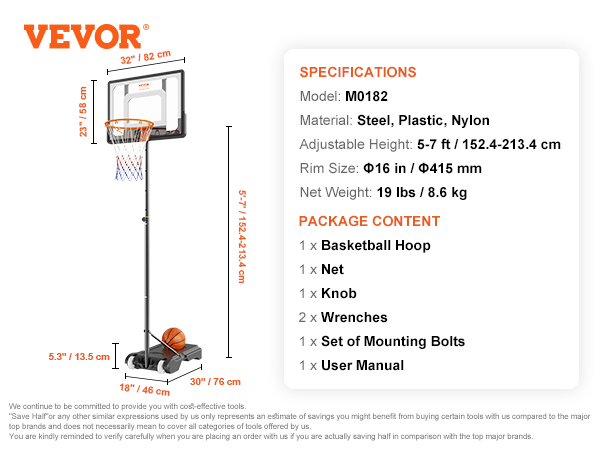VEVOR Basketball Hoop, 5-7 ft Adjustable Height Portable Backboard ...