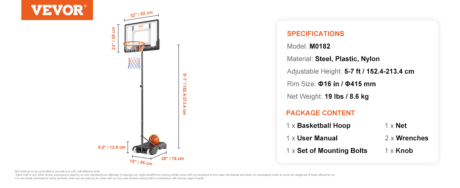 VEVOR Basketball Hoop, 5-7 ft Adjustable Height Portable Backboard ...