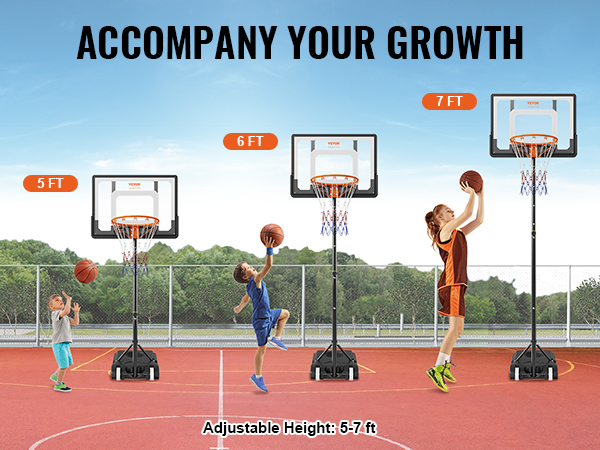 VEVOR Basketball Hoop, 5-7 ft Adjustable Height Portable Backboard ...