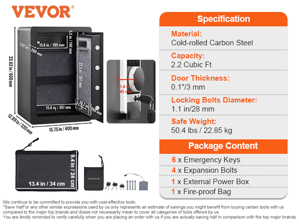 VEVOR Safe, 2.2 Cubic Feet Home Safe, Steel Security Safe with ...