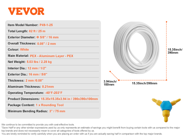VEVOR PEX-AL-PEX Tube, 82ft, 5/8'' Diameter Aluminum-Plastic Composite ...