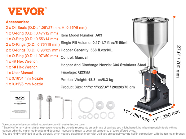VEVOR Manual Paste Liquid Filling Machine, 5-50ml Bottle Filler ...