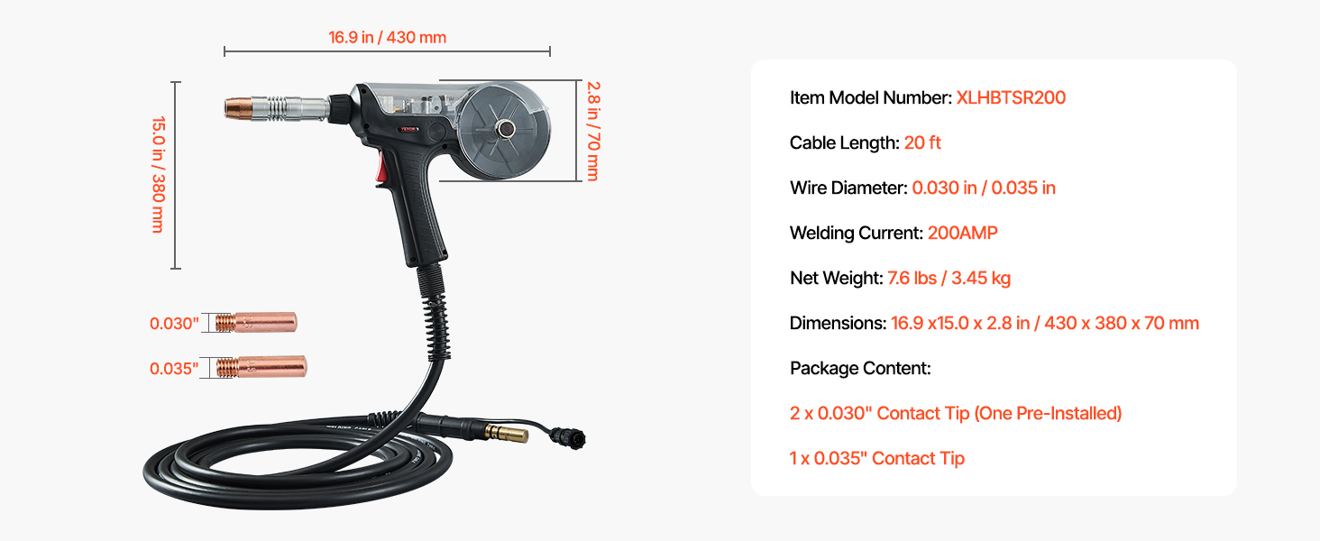 200Amp Spool Gun with 20FT Cable Compatible with Hobart lronMan 240 Mig ...