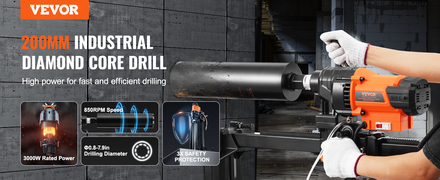 VEVOR Core Drill Machine 0.8-7.9in Dia 3000W Diamond Core Drill Rig ...