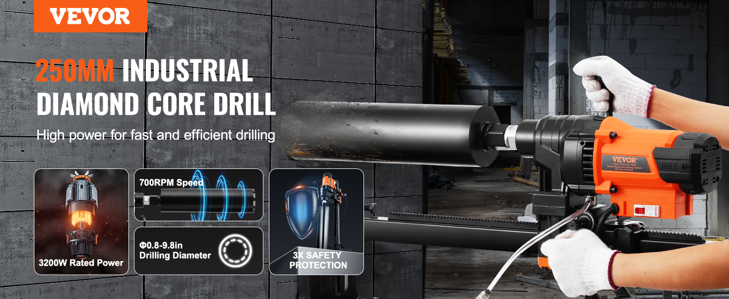 VEVOR Core Drill Machine 0.8-9.8in Dia 3200W Diamond Core Drill Rig ...