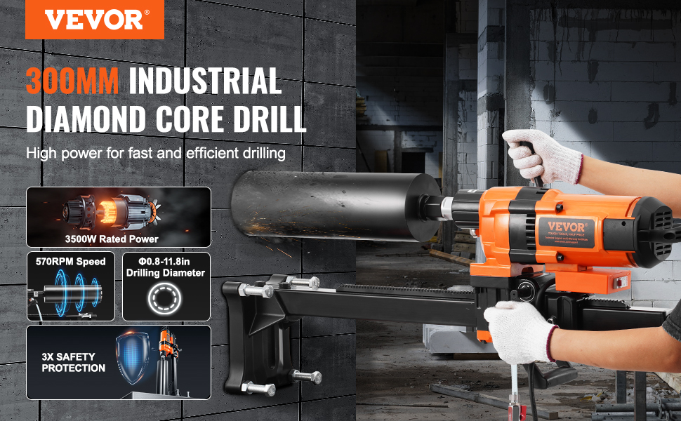VEVOR Core Drill Machine 0.8-11.8in Dia 3500W Diamond Core Drill Rig ...