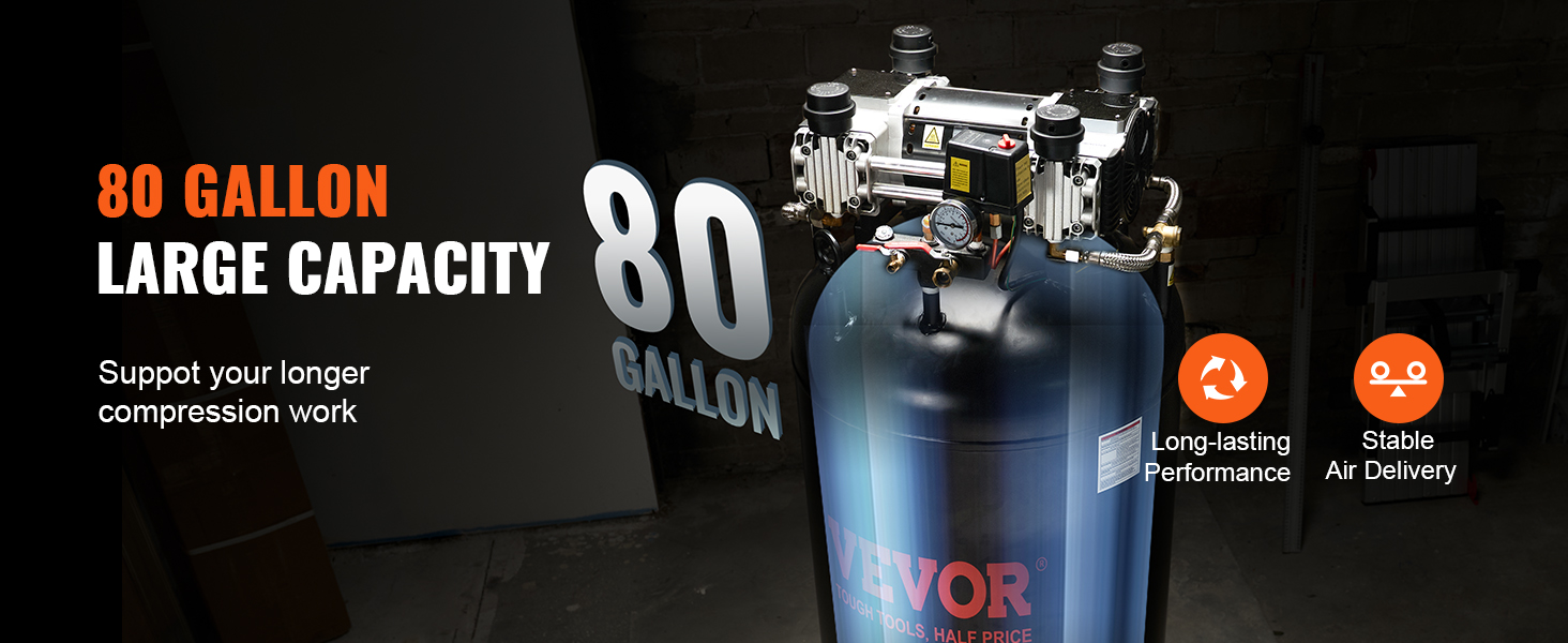 VEVOR 80 Gallon Air Compressor, 6.5HP 15.5SCFM@90 PSI, 2-Stage 145PSI ...