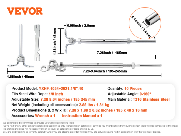 VEVOR T316 Stainless Steel Adjustable Angle 1/8" Cable Railing Kit ...