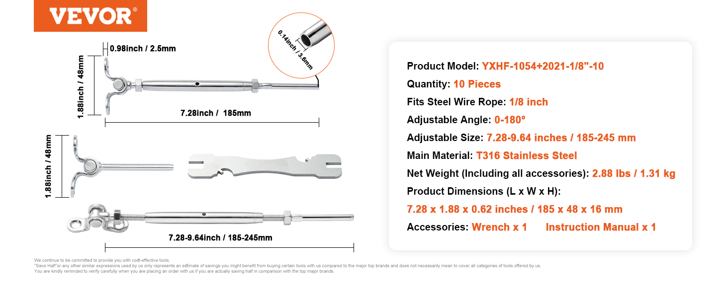 VEVOR T316 Stainless Steel Adjustable Angle 1/8" Cable Railing Kit ...