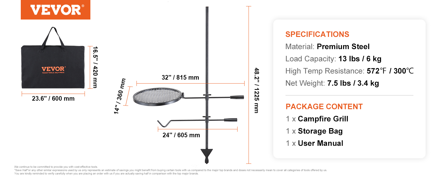 VEVOR Swivel Campfire Grill, Fire Pit Grill Grate over Fire Pits, Heavy ...