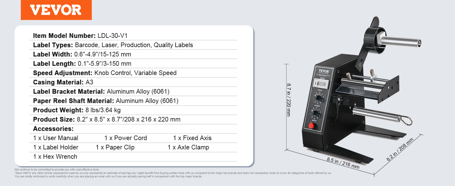 VEVOR Automatic Label Dispenser, Width 15-125 mm, Length 3-150 mm ...