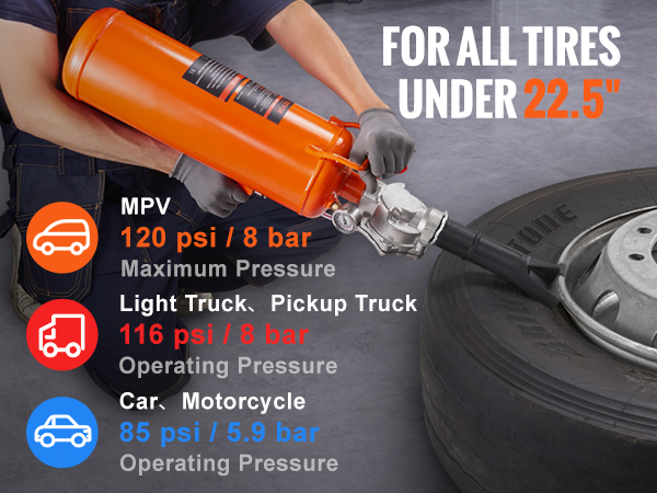 VEVOR Tire Bead Setter, 8L Capacity, 120 PSI Air Bead Blaster, Handheld ...