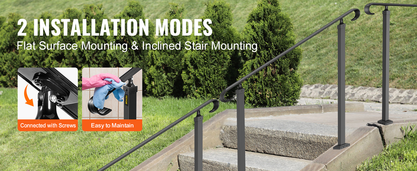 VEVOR Handrails for Outdoor Steps, Fit 1-3 Steps Wrought Iron Handrail ...