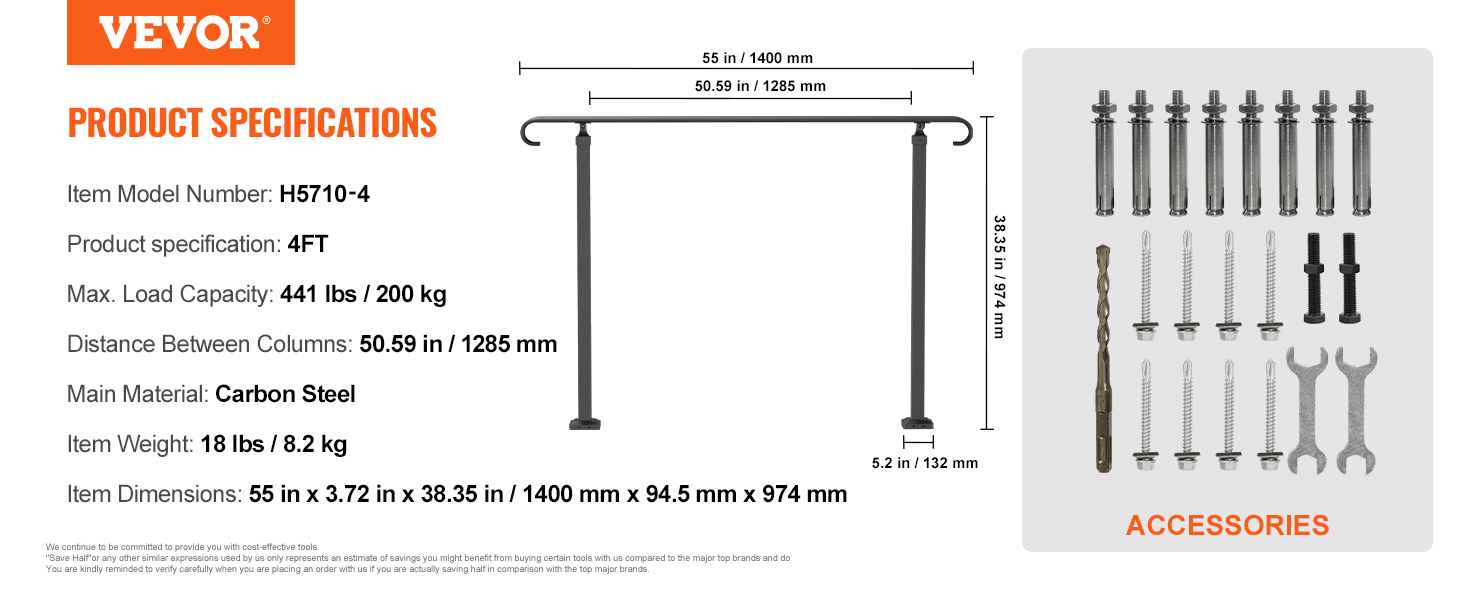 VEVOR Wrought Iron Handrail, Fit 2 or 3 Steps Outdoor Stair Railing ...