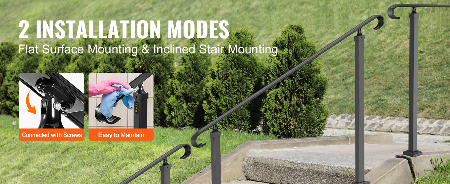 VEVOR Wrought Iron Handrail, Fit 2 or 3 Steps Outdoor Stair Railing ...