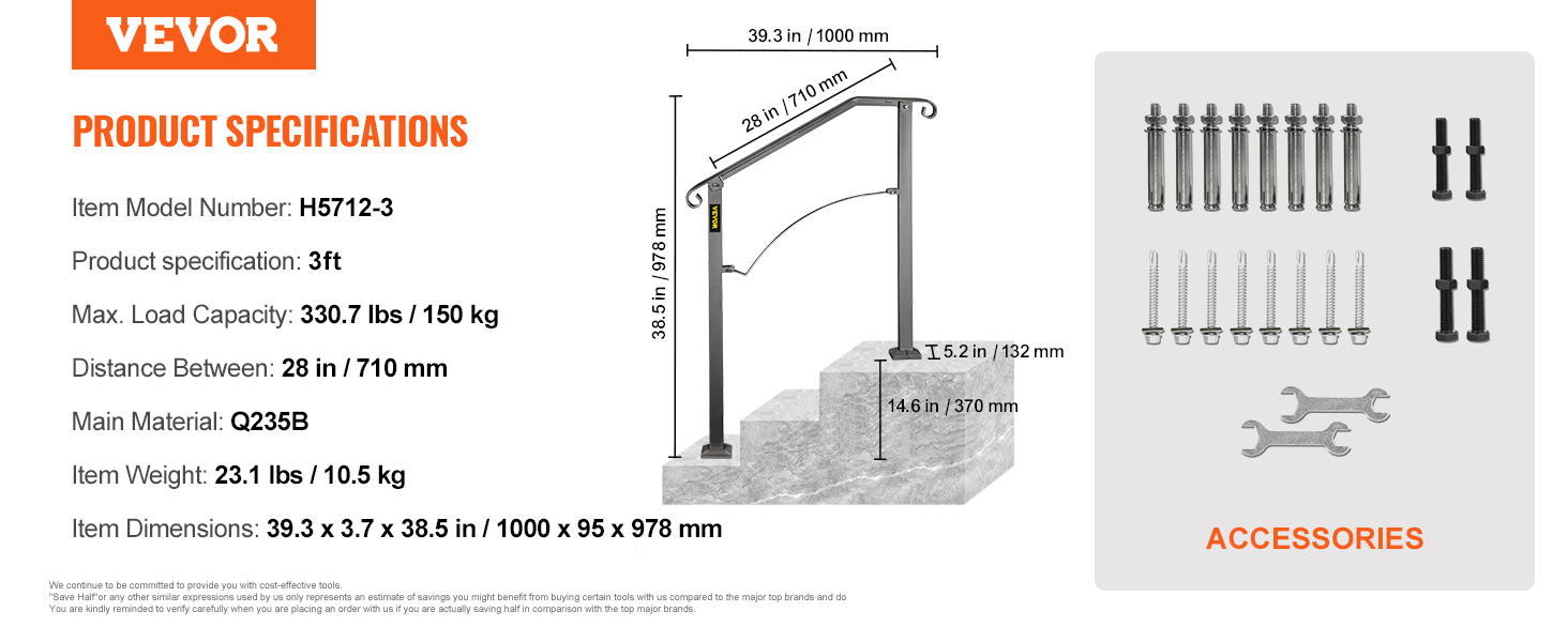 VEVOR Handrails for Outdoor Steps, Fit 2 or 3 Steps Outdoor Stair ...