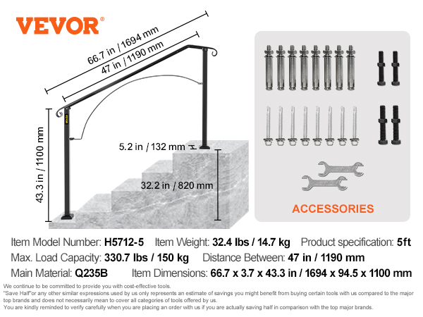 VEVOR Handrails for Outdoor Steps, Fit 4 or 5 Steps Outdoor Stair ...