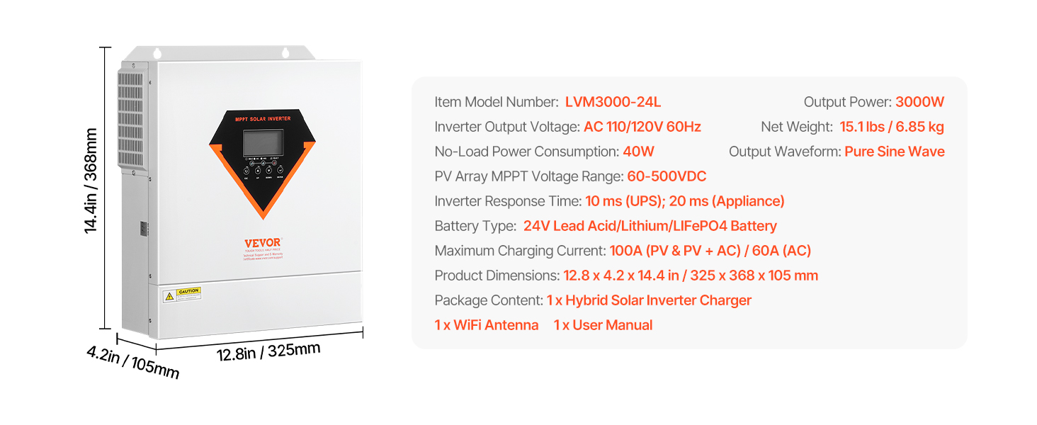Hybrid Solar Inverter Charger 3000W 110/120V with Built-in 100A MPPT ...