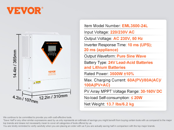 VEVOR Hybrid Solar Inverter Charger 3500W 230V with Build-in 60A MPPT ...