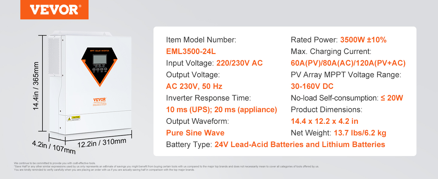 VEVOR Hybrid Solar Inverter Charger 3500W 230V with Build-in 60A MPPT ...