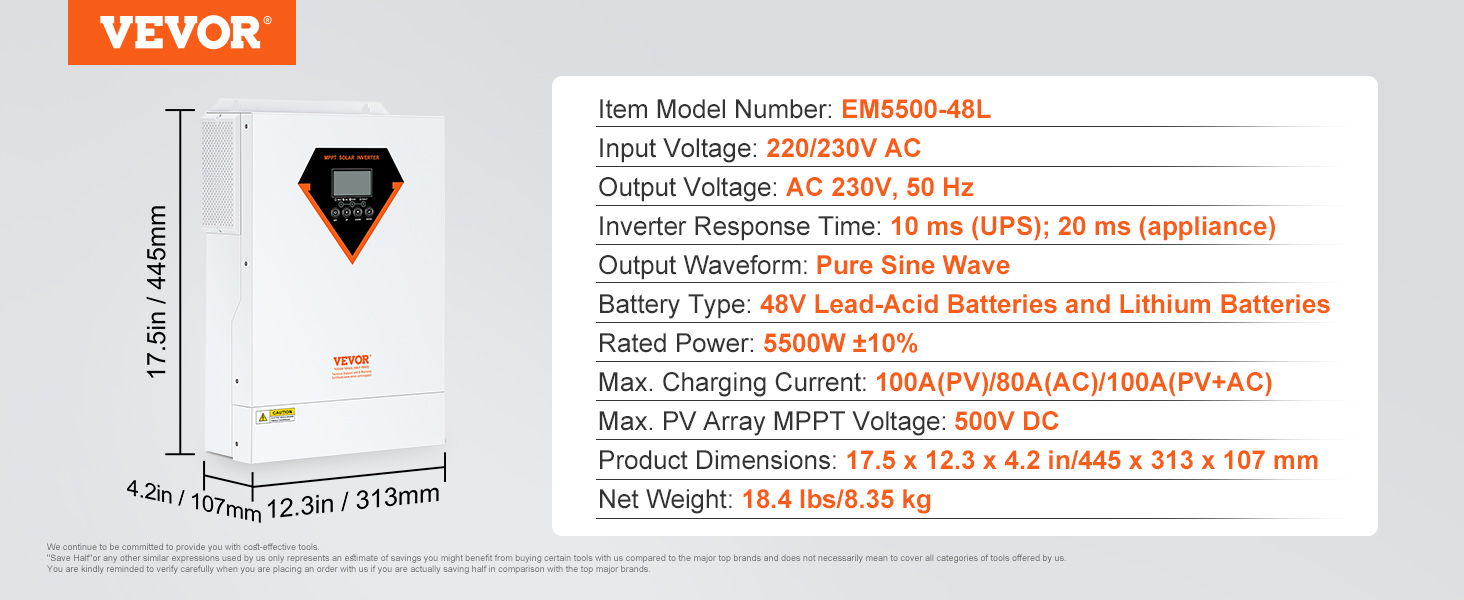 VEVOR Hybrid Solar Inverter Charger 5500W 230V with 100A MPPT Solar ...