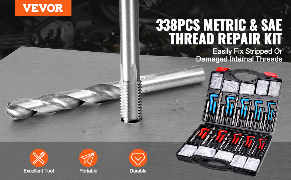 VEVOR Helicoil Thread Repair Kit 338-Piece SAE and Metric Rethreading ...