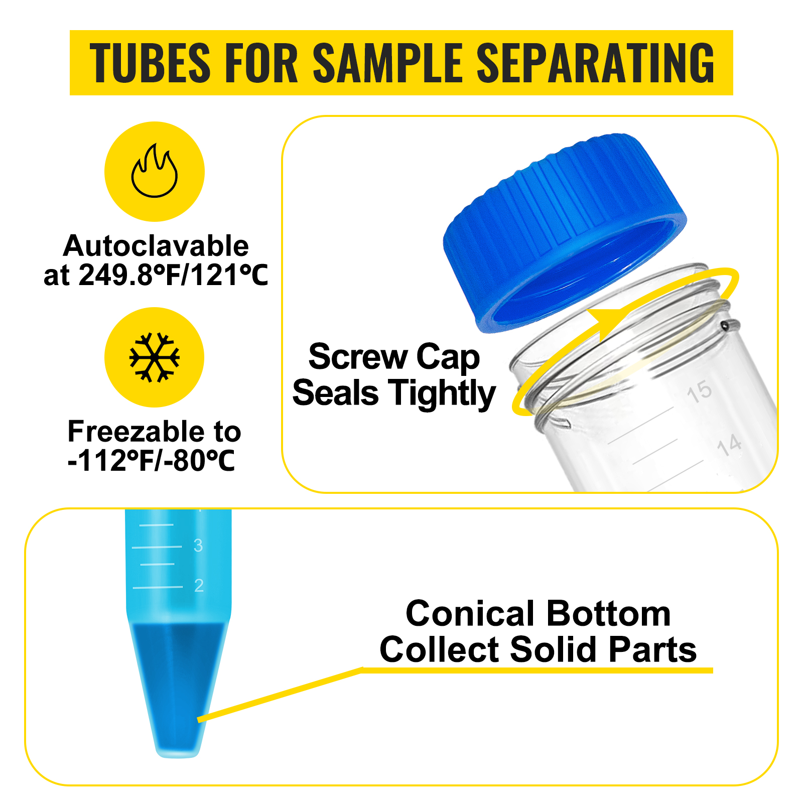 VEVOR Conical Centrifuge Tubes, 15mL, 500Pcs PP Graduated Container w ...