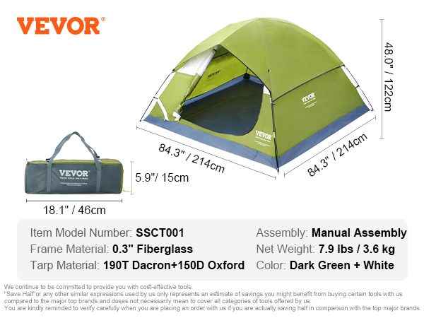 VEVOR 3 Person Camping Tent, Waterproof Lightweight Backpacking Tent ...