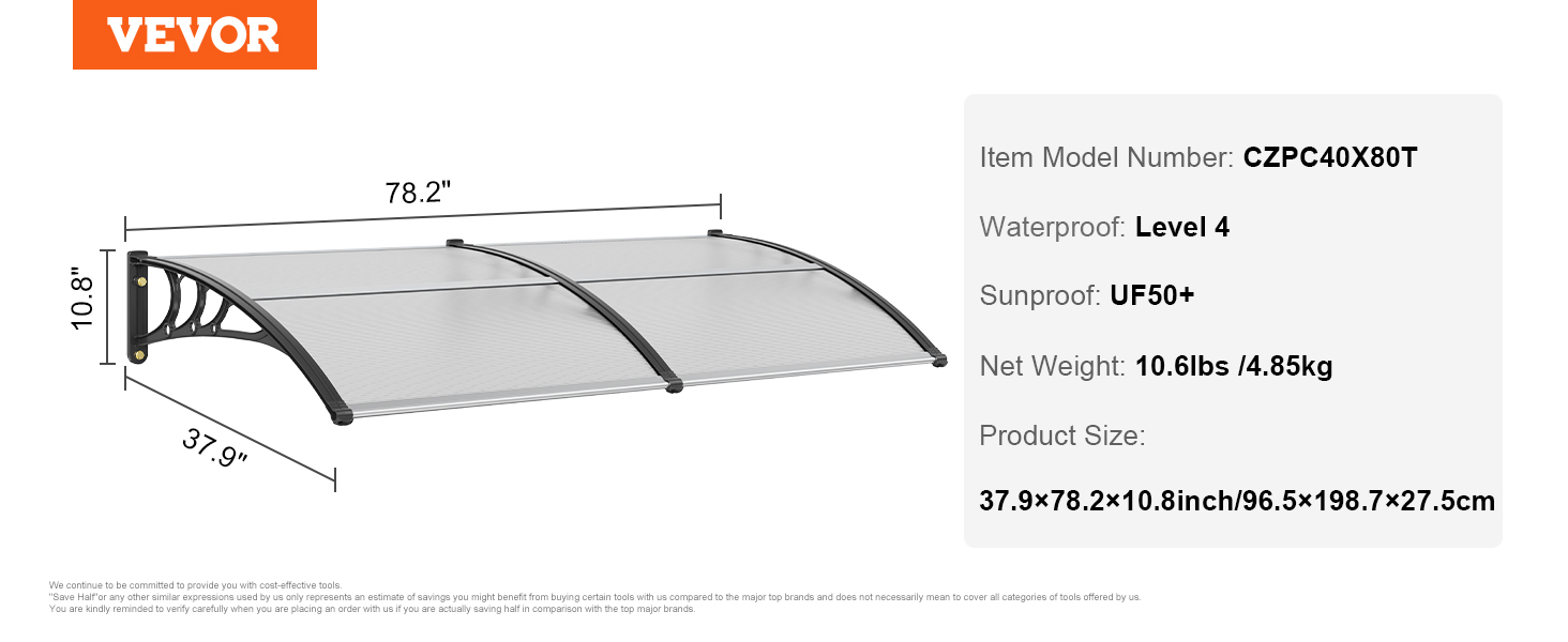 VEVOR Window Door Awning Canopy 40" x 80", UPF 50+ Polycarbonate Entry ...