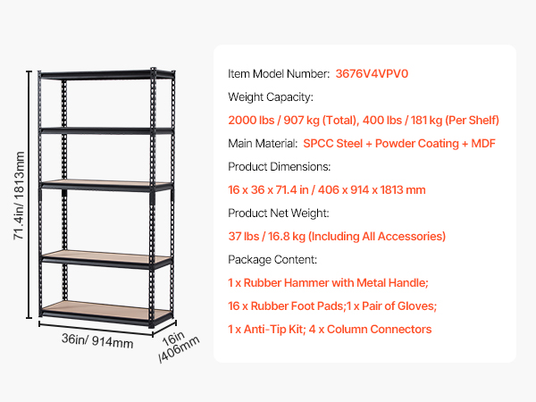 VEVOR Storage Shelves 16" D x 36" W x 71.4" H 5-tier Garage Storage ...