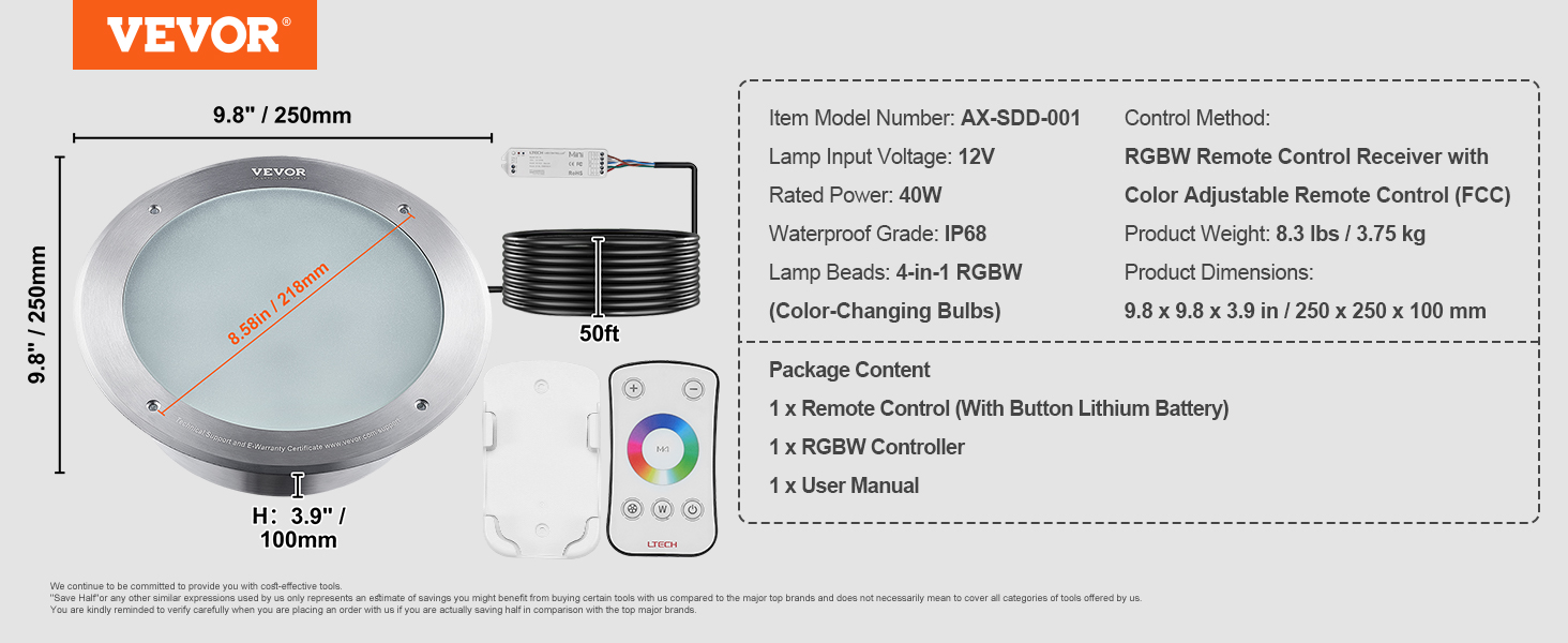 VEVOR 12V LED Pool Light, 10 Inch 40W, RGBW Color Changing Inground ...