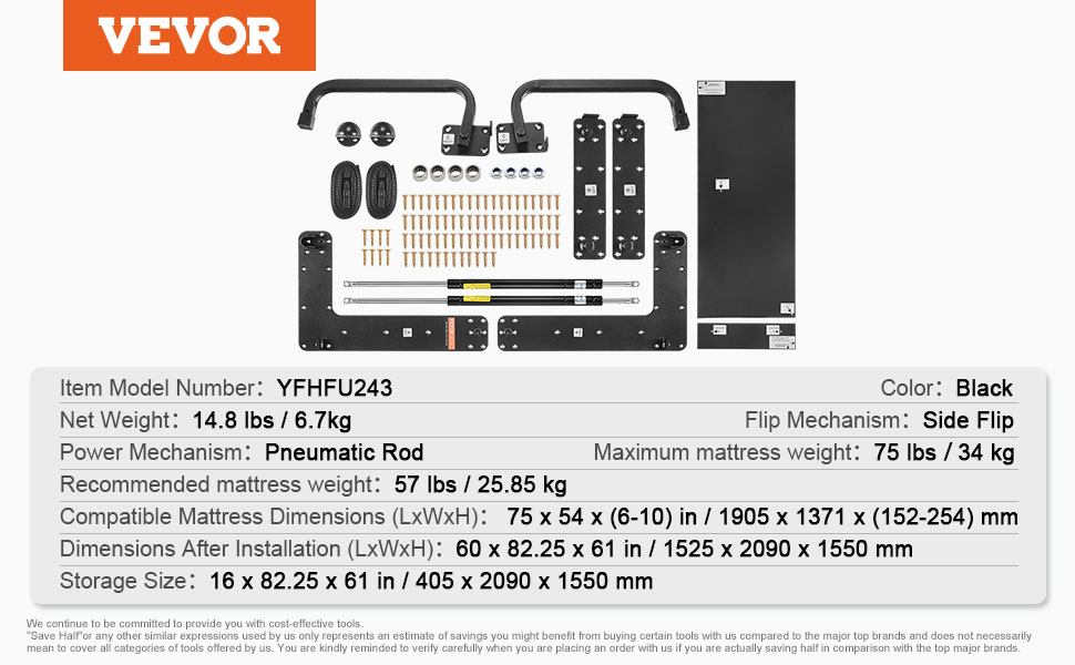 VEVOR Murphy Bed Kit Full Deluxe DIY Wall Bed Mechanical Hardware Kit ...