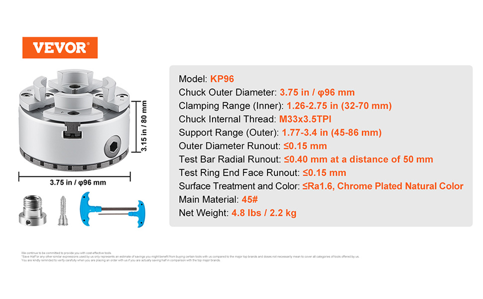 VEVOR KP96 Lathe Chuck, 4-Jaw 3.75" Diameter, Metal Lathe Chuck Turning ...