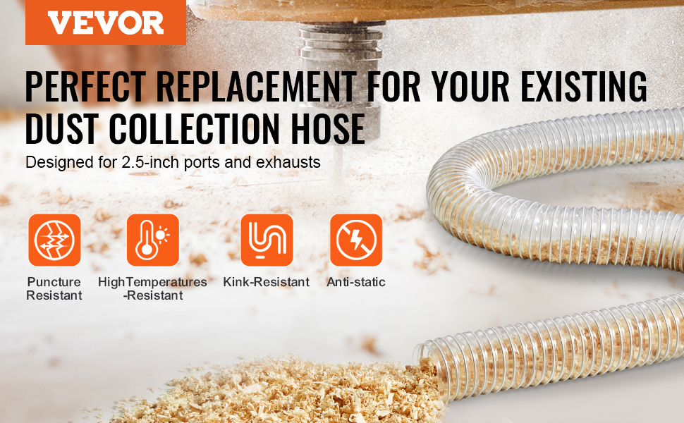 VEVOR 2.5'' x 10' Dust Collection Hose Thickened PVC Flexible Clear ...