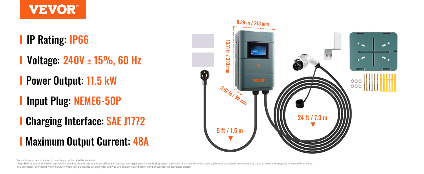 VEVOR Level 2 Electric Vehicle Charging Station, 0-48A Adjustable, 11.5 ...